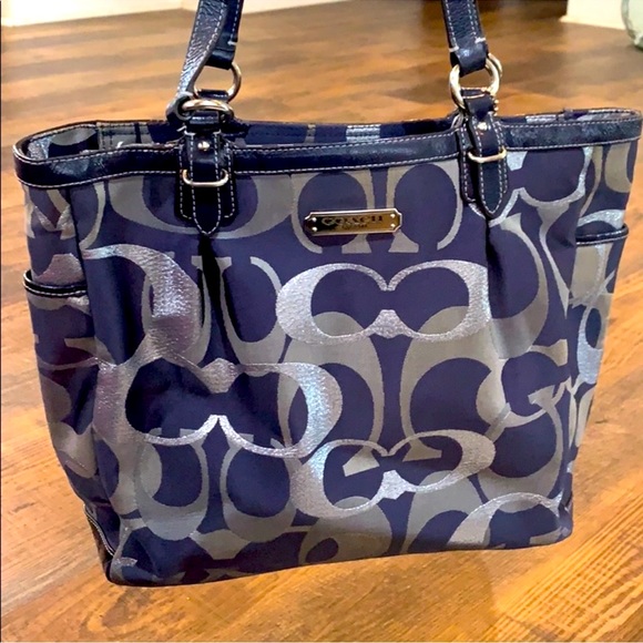 Coach | Bags | Coach Navy Blue Silver Signature Jacquard Tote Navy Blue ...